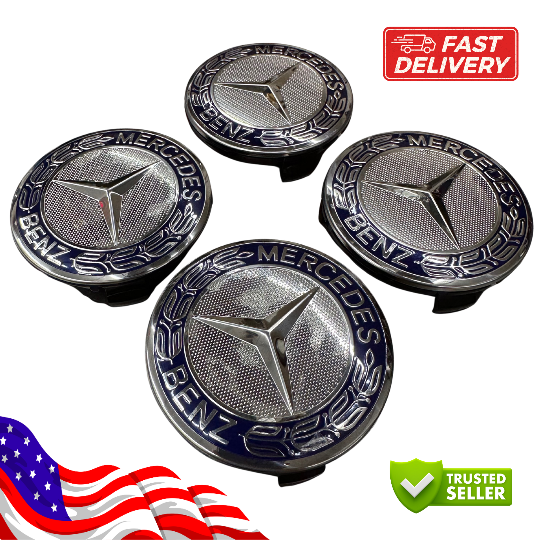 (4) Mercedes Benz Wheel Center Caps 75mm Blue & Silver – EuroSpec Auto ...